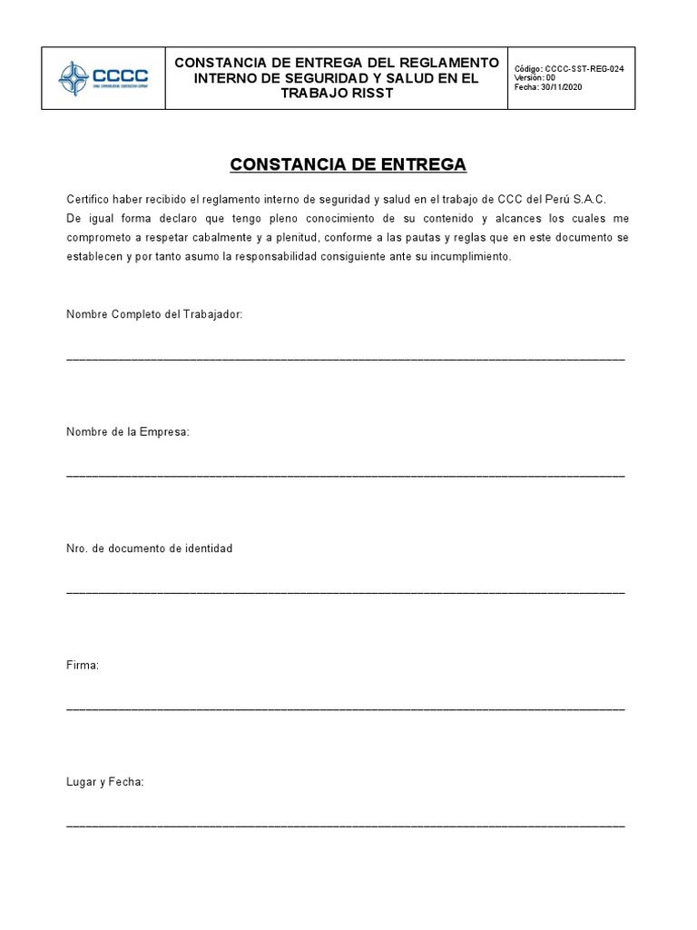 CCCC-SST-REG-024, Constancia de Entrega RISST | PDF