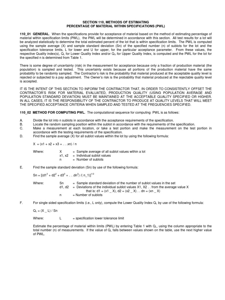 PWL Calculation Procedures | PDF | Standard Deviation | Quality Assurance