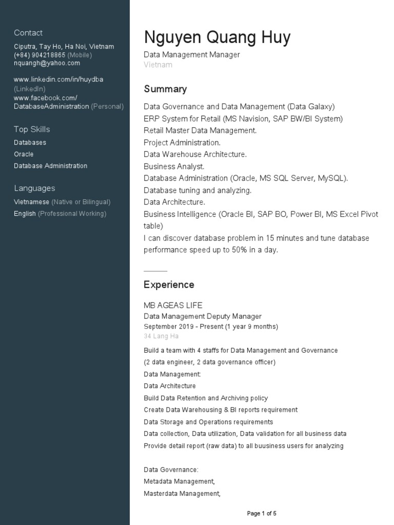 CV - Nguyen Quang Huy | PDF | Oracle Corporation | Databases