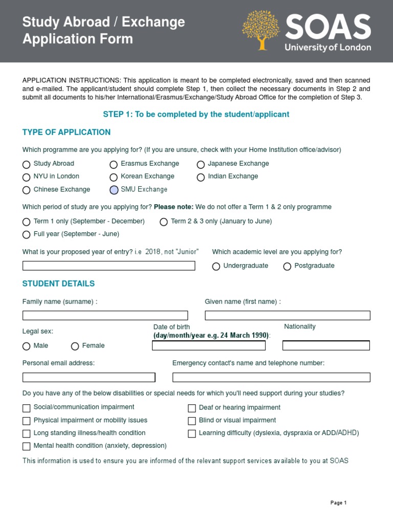 Study Abroad / Exchange Application Form: STEP 1: To Be Completed by The Student/applicant Type ...