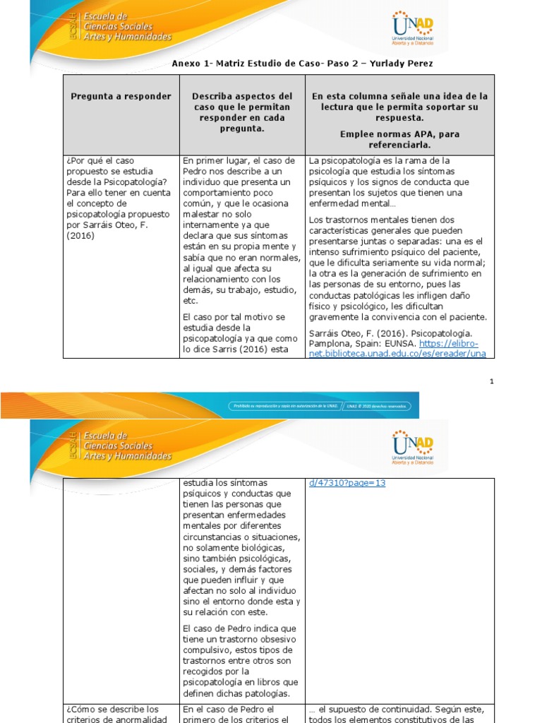 Anexo 1 - Matriz Estudio de Caso - Paso 2 YURLADY | PDF | Psicopatología | Trastorno mental