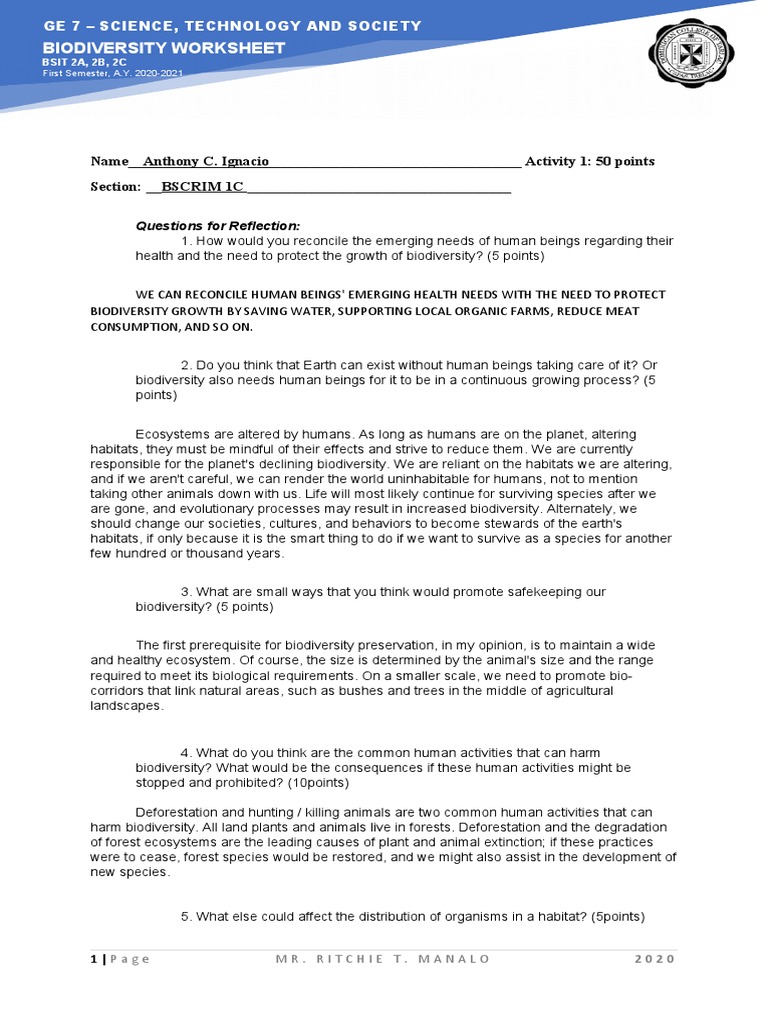 Biodiversity Worksheet | PDF | Biodiversity | Human Impact On The ...