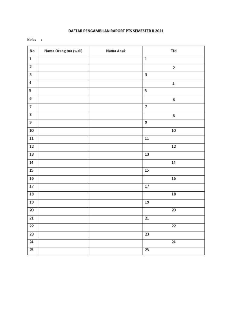 Daftar Pengambilan Raport PTS Semester Ii 2021 | PDF