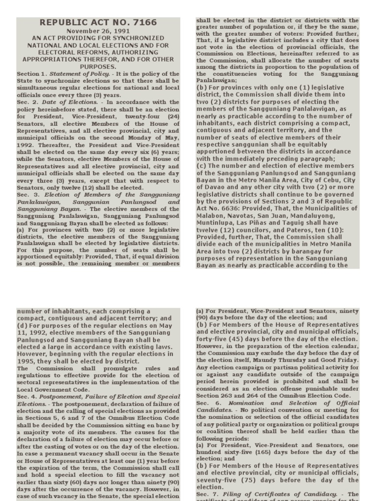 Republic Act No. 7166: Panlalawigan, Sanggunian Panlungsod and ...