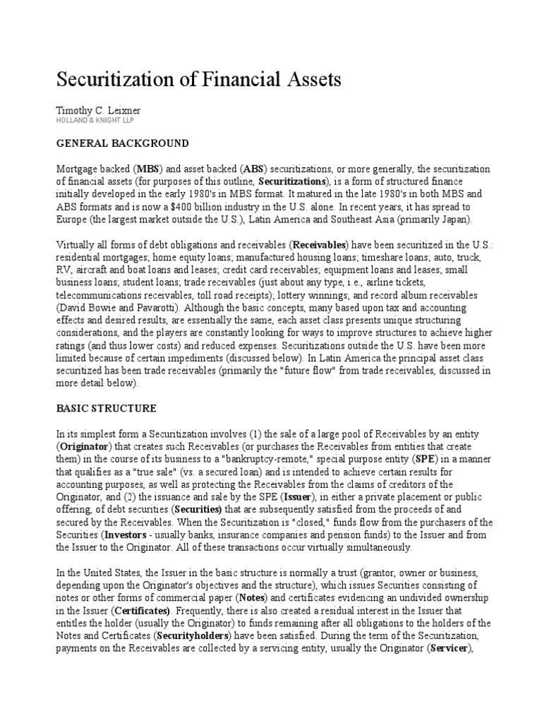 Securitization of Financial Assets | PDF | Securitization | Asset ...