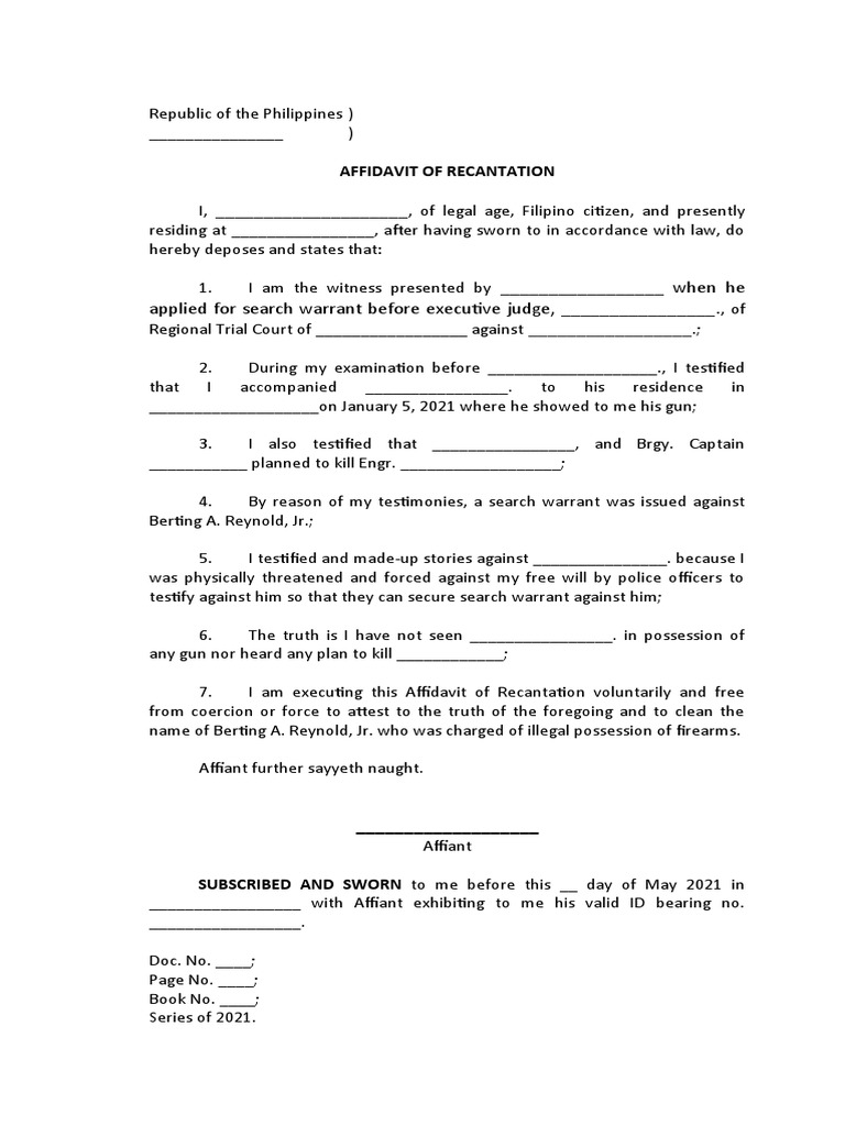 Affidavit of Recantation - Template | PDF