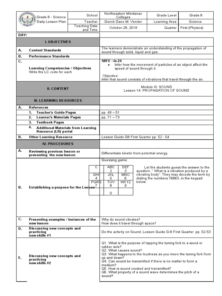 Grade 8 Physics Lesson Plan: Sound | PDF | Sound | Wavelength