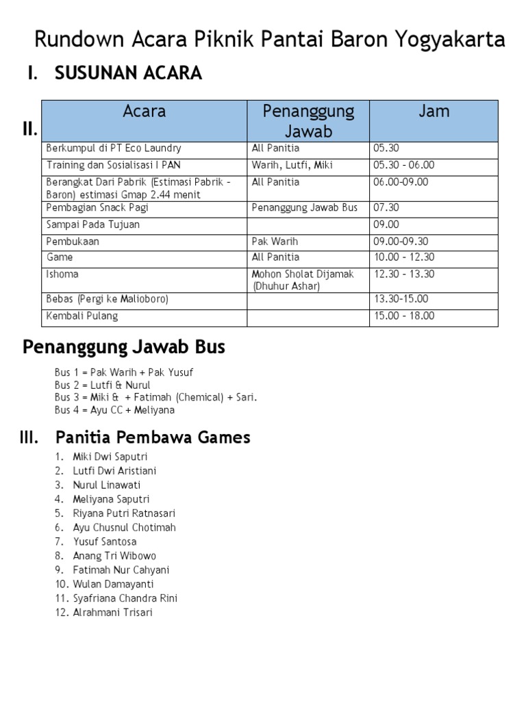 Rundown Acara Piknik Pantai Pok Tunggal Yogyakarta | PDF