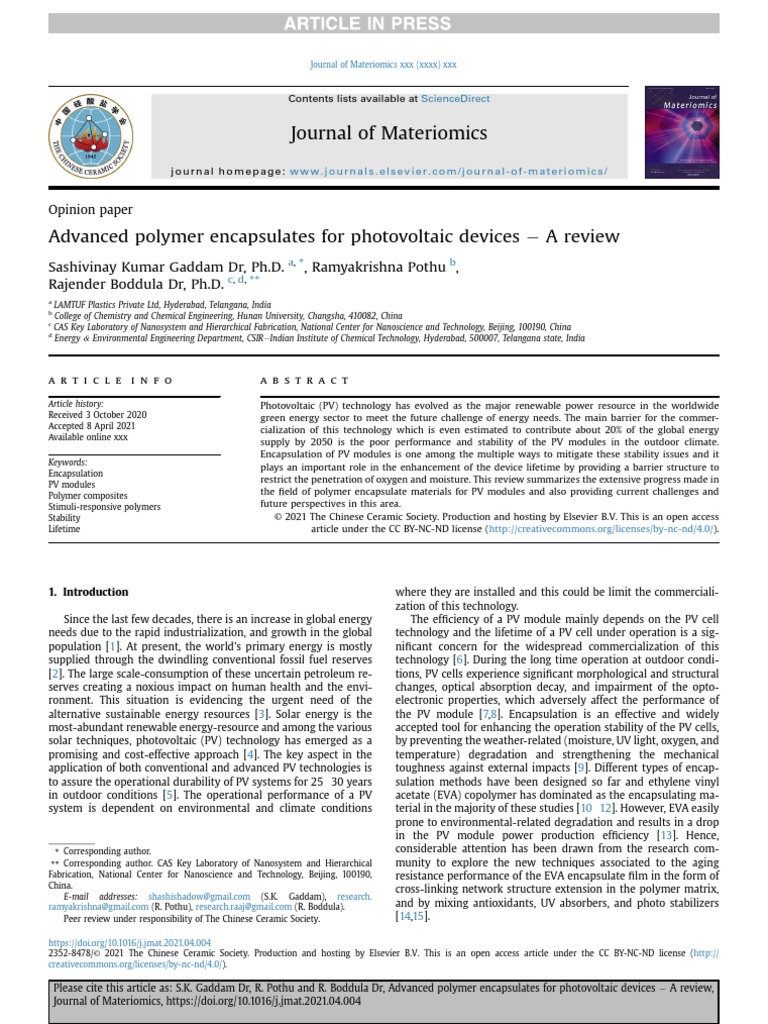 Journal of Materiomics: Sashivinay Kumar Gaddam DR, PH.D., Ramyakrishna Pothu, Rajender Boddula ...