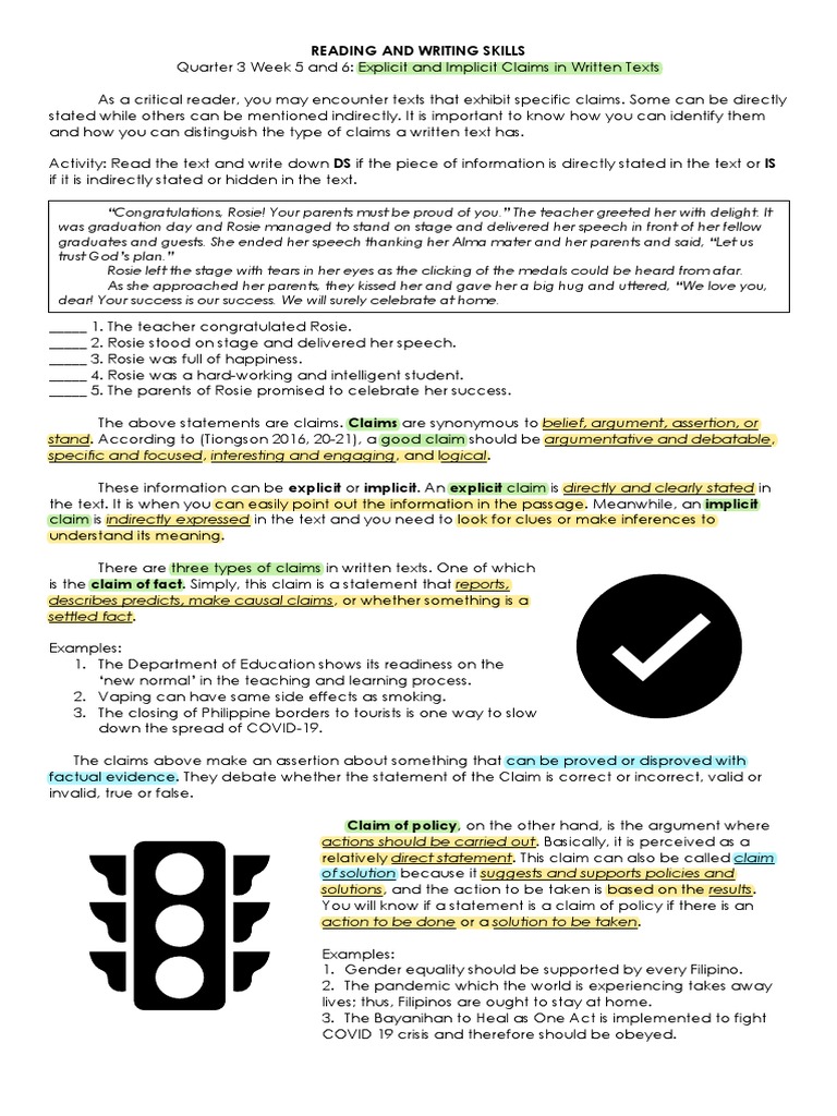 Week 5 and 6 Explicit and Implicit Claims in Written Texts | Download ...