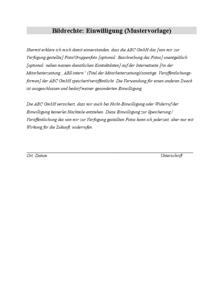Einverstandniserklarung Muster Bildrechte