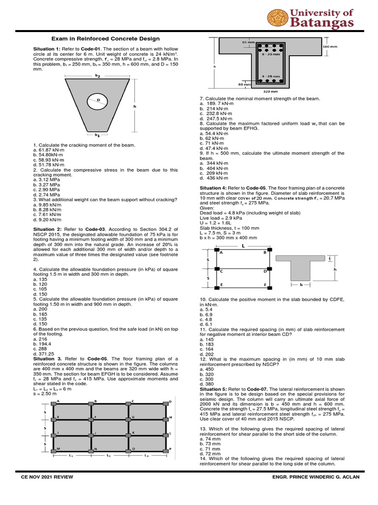 Exam in Reinforced Concrete Design | PDF | Strength Of Materials | Beam ...