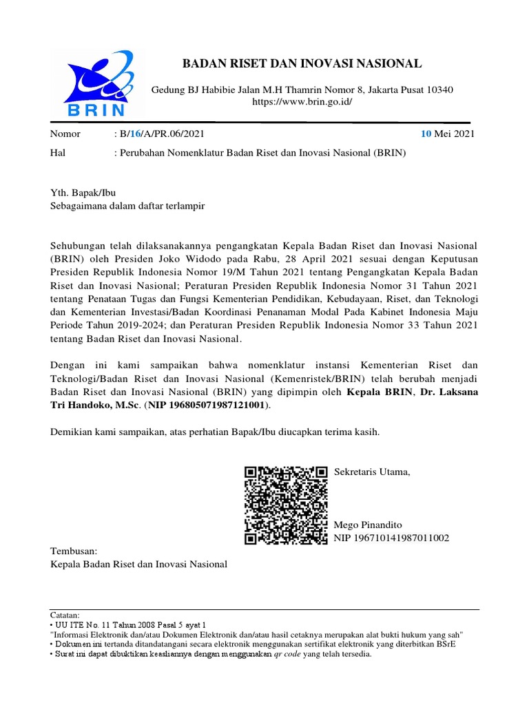 16-SD-PR.06 - Perubahan Nomenklatur Badan Riset Dan Inovasi Nasional (BRIN) | PDF