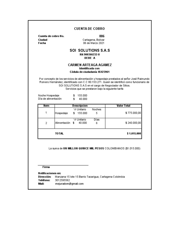 Cuenta de Cobro 006 Carmen Arteagaxascas | PDF