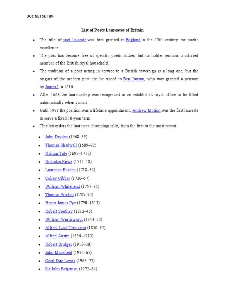 List of Poets Laureate of Britain | PDF | Art | History