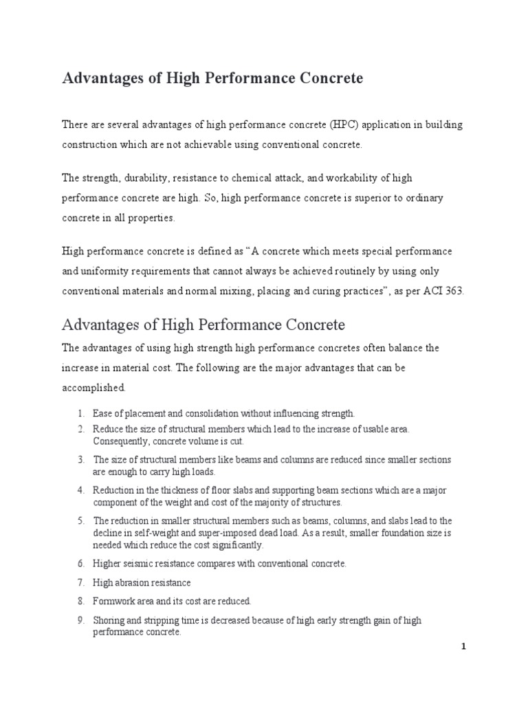 Advantages of High Performance Concrete | PDF | Concrete | Strength Of ...