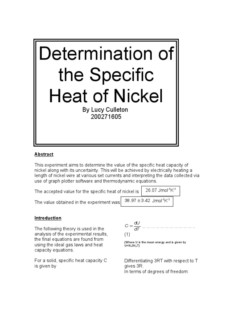 Determination of The Specific Heat of Nickel: by Lucy Culleton ...