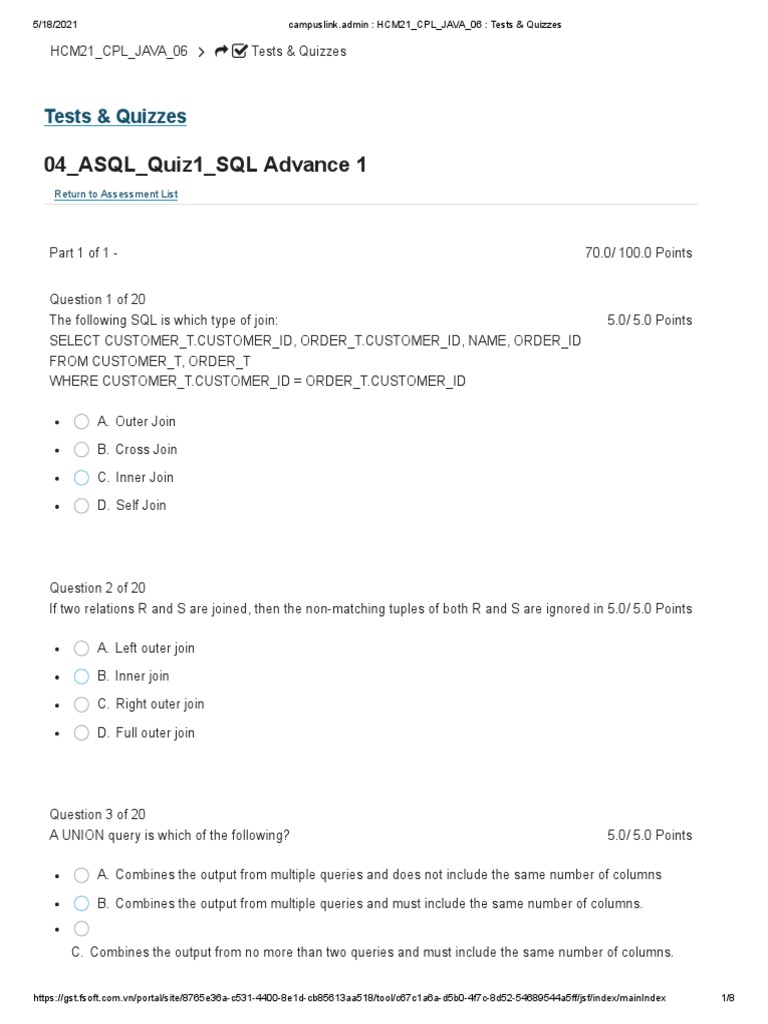 04 - ASQL - Quiz1 - SQL Advance 1: Tests & Quizzes | Download Free PDF ...