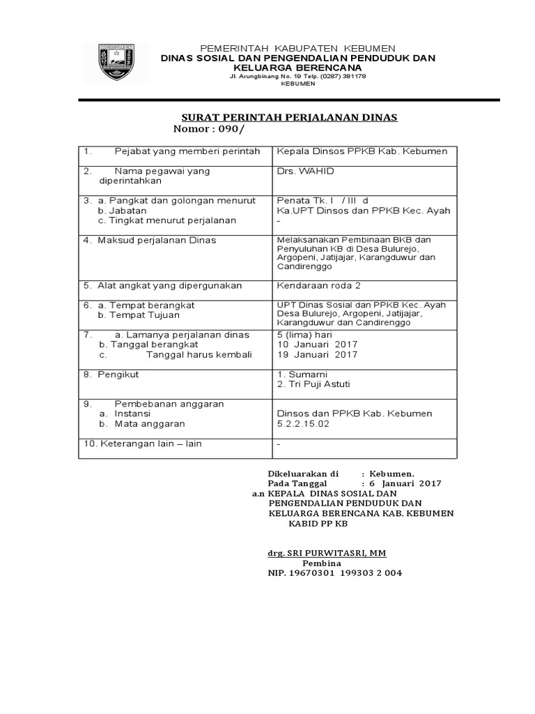 Contoh SPPD Dinas Sosial Kebumen | PDF