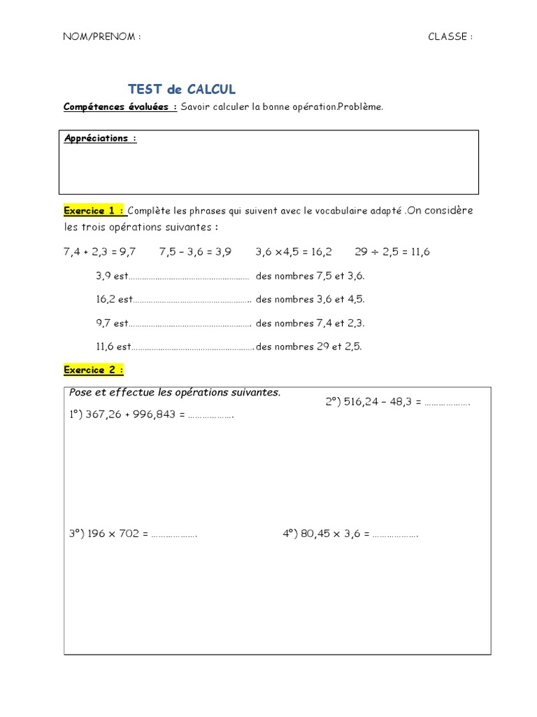 TEST de CALCUL 6eme | PDF