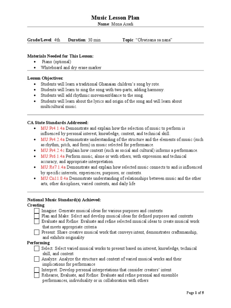 Obwisana: A Ghanaian Music Lesson Plan | PDF | Teachers | Teaching
