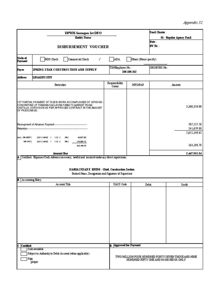 Disbursement Voucher: DPWH-Sorsogon 1st DEO | PDF | Surety | Cheque