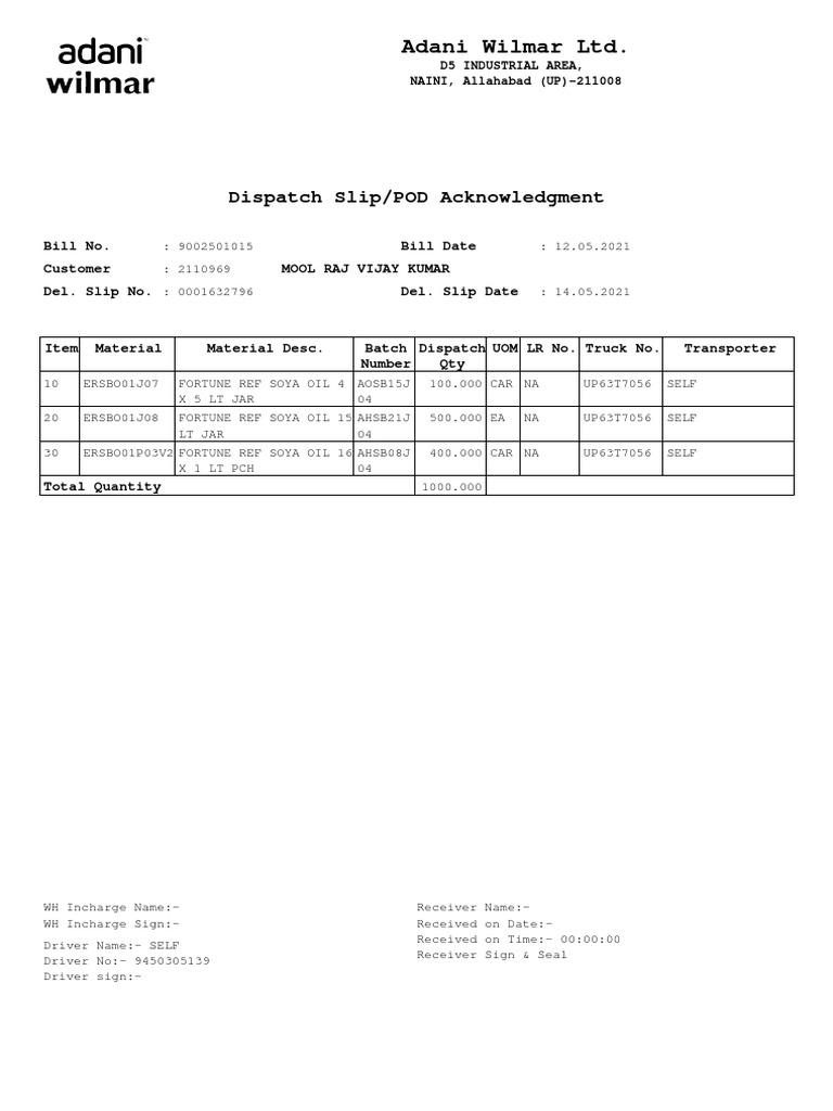 Dispatch Slip/POD Acknowledgment: Adani Wilmar LTD | PDF