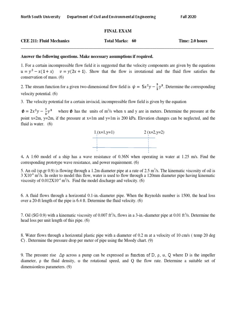 Final Exam CEE 211: Fluid Mechanics Total Marks: 60 Time: 2.0 Hours | PDF | Fluid Dynamics ...