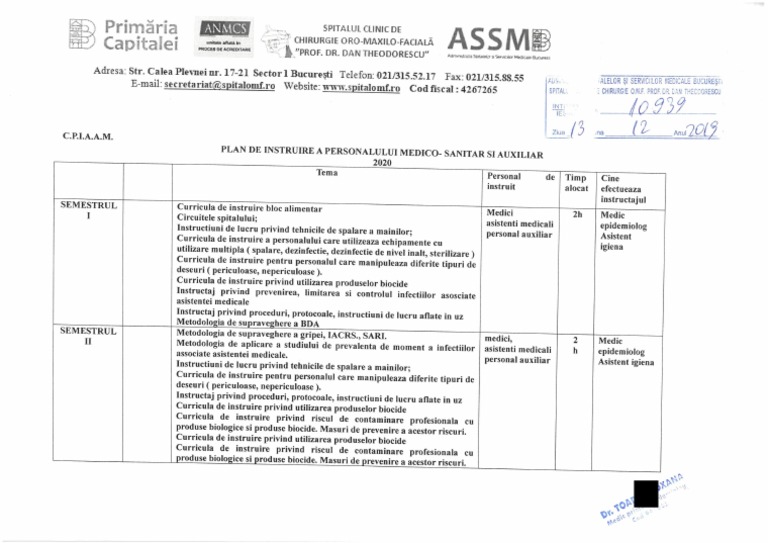 Plan de Instruire A Personalului Medico-Sanitar Si Auxiliar - 2020 | PDF