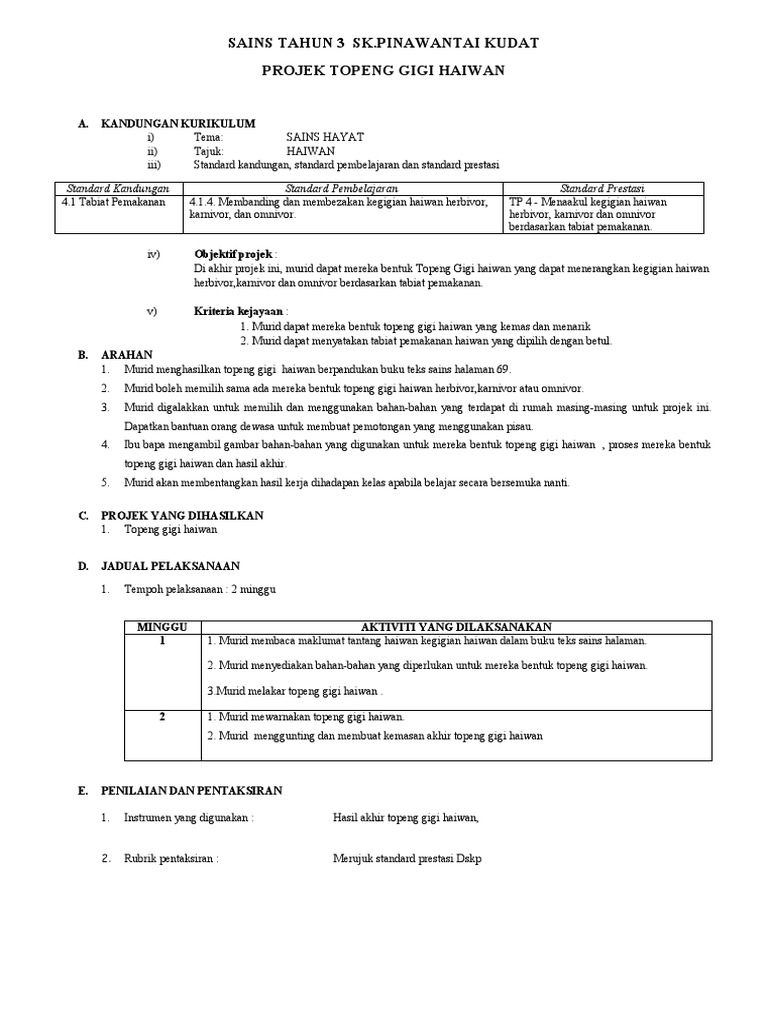 Pbl Sains Tahun 3 Topeng Gigi Haiwan Pdf