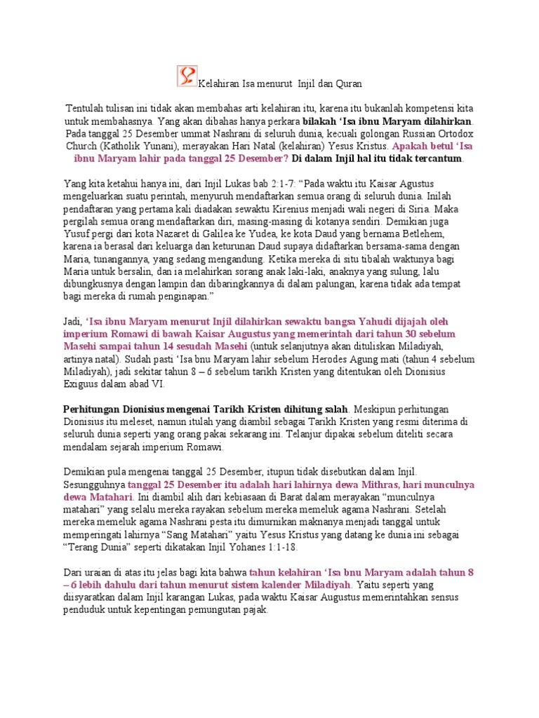 Kelahiran Isa Menurut Injil Dan Quran | PDF