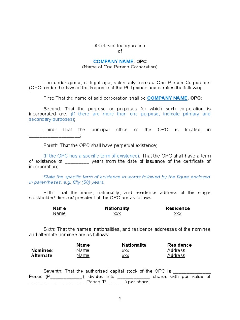 OPC Articles of Incorporation Template | PDF | Corporations | Stocks