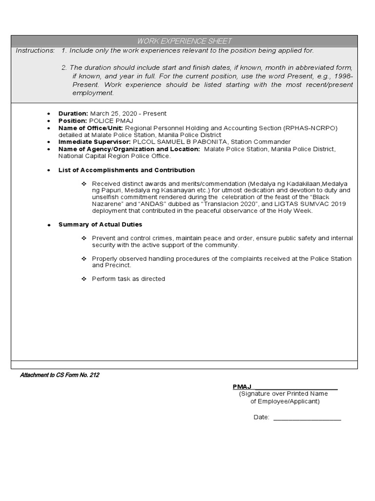 CS FORM NO. 212 Work-Experience-Sheet-Permanent. | PDF | Police ...