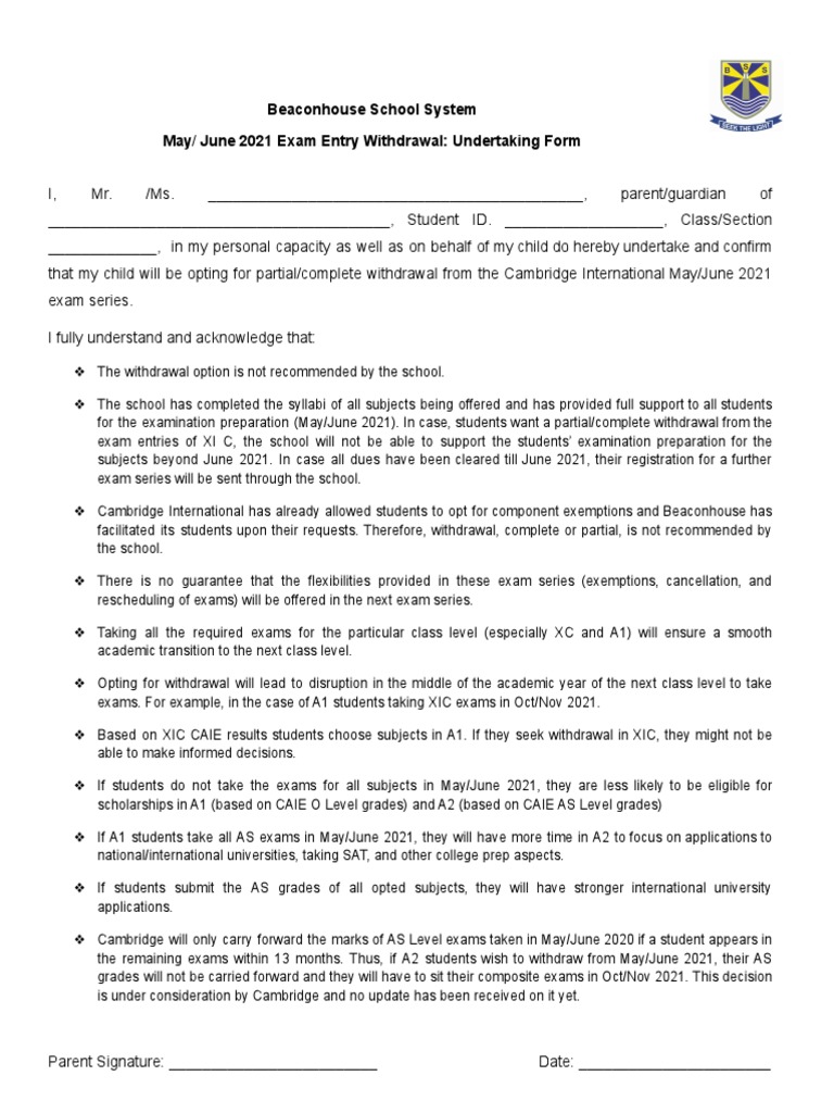 Beaconhouse Exam Withdrawal Form | PDF | Test (Assessment) | Test ...