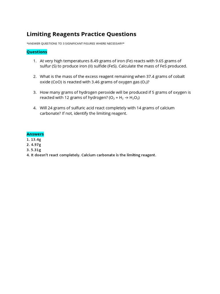 Limiting Reagents Practice Questions | PDF