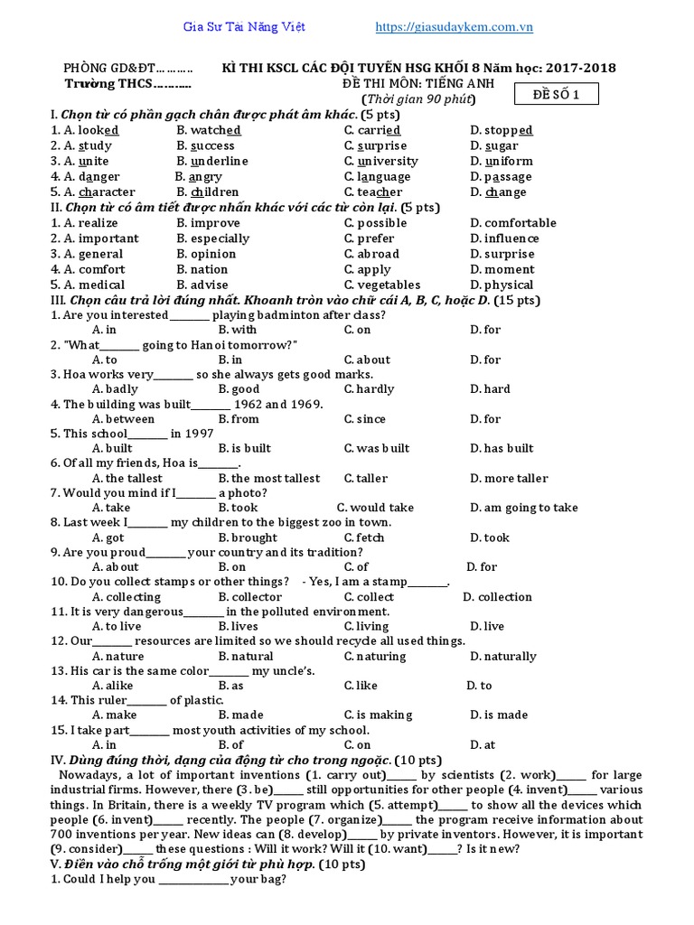 De Thi Hoc Sinh Gioi Tieng Anh Khoi 8 Nam 2018 de Chon HSG Tieng Anh Khoi 8 | PDF
