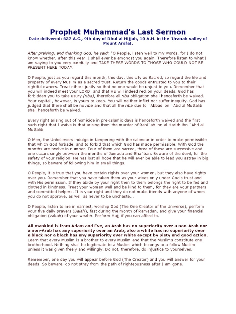 Prophet Muhammad's Last Sermon | PDF | Prophets And Messengers In Islam ...