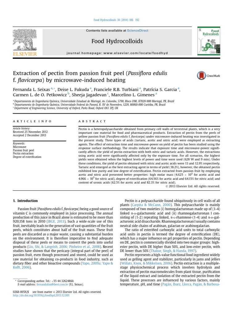 Extraction of Pectin From Passion Fruit Peel (Passiflora Edulis F. Flavicarpa) by Microwave ...