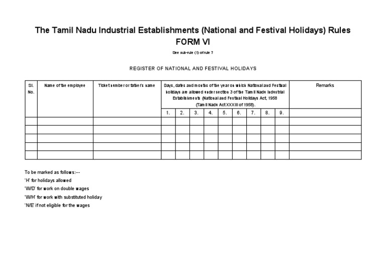 The Tamil Nadu Industrial Establishments (National and Festival Holidays) Rules Form Vi | PDF