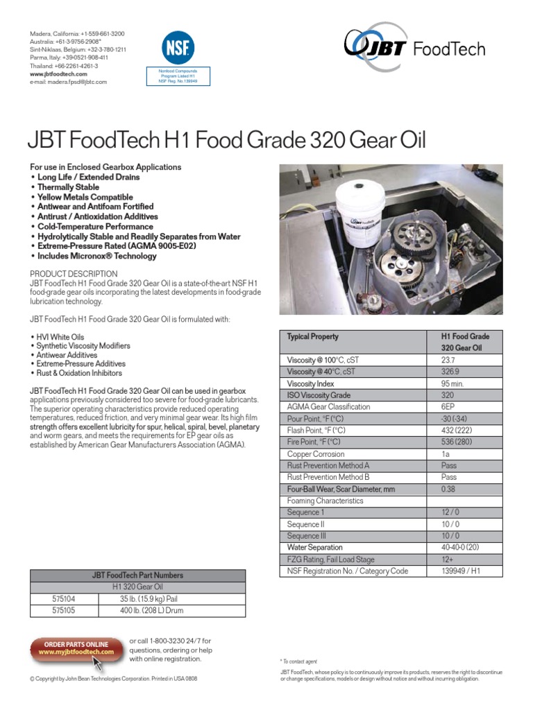 JBT Foodtech H1 Food Grade 320 Gear Oil | PDF | Fires | Water