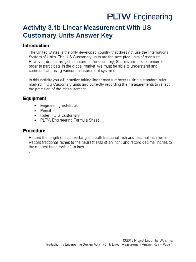 Activity 3.1b Linear Measurement With US Customary Units Answer Key ...