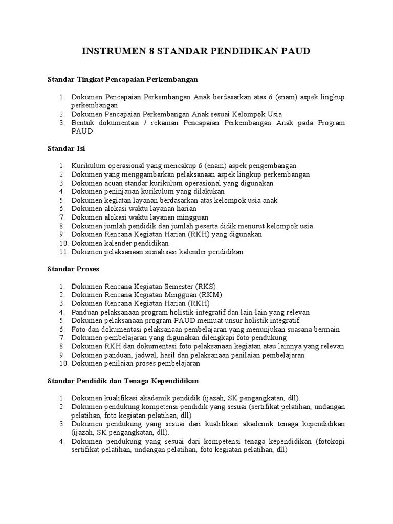 8 Standar PAUD | PDF