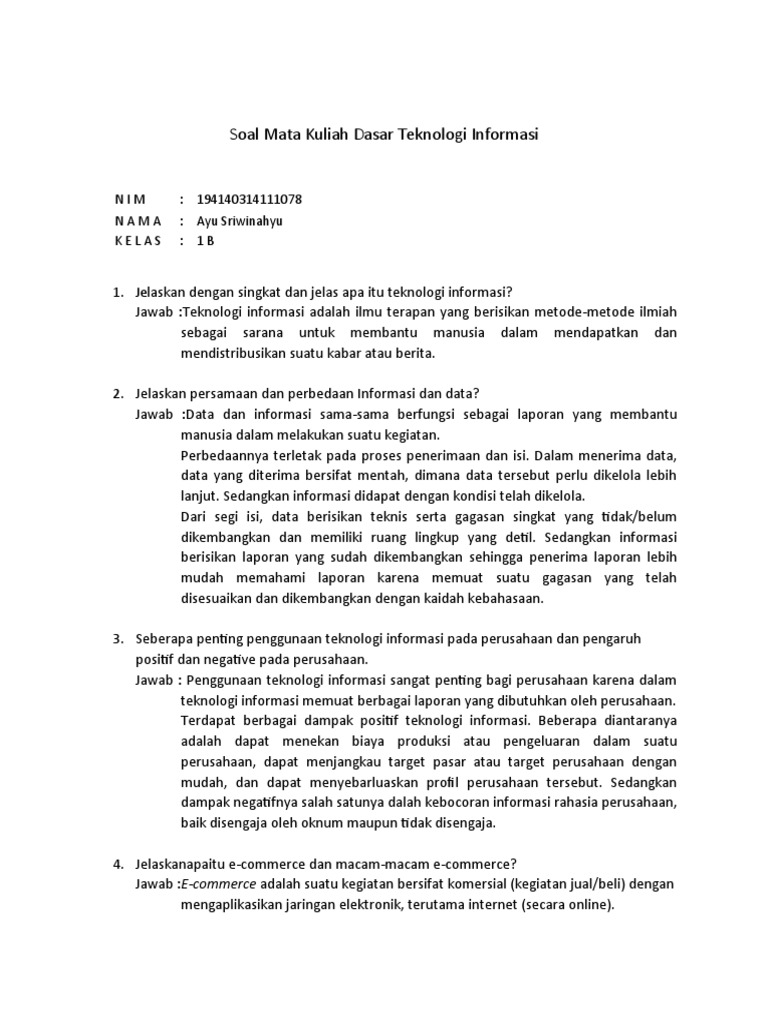 Soal Matakuliah Dasar Teknologi Informasi | PDF