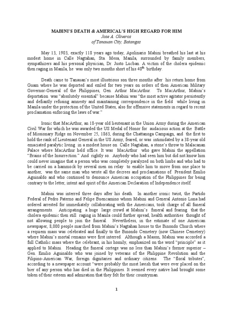 Mabini's Death & America's High Regard For Him | PDF | Philippines ...