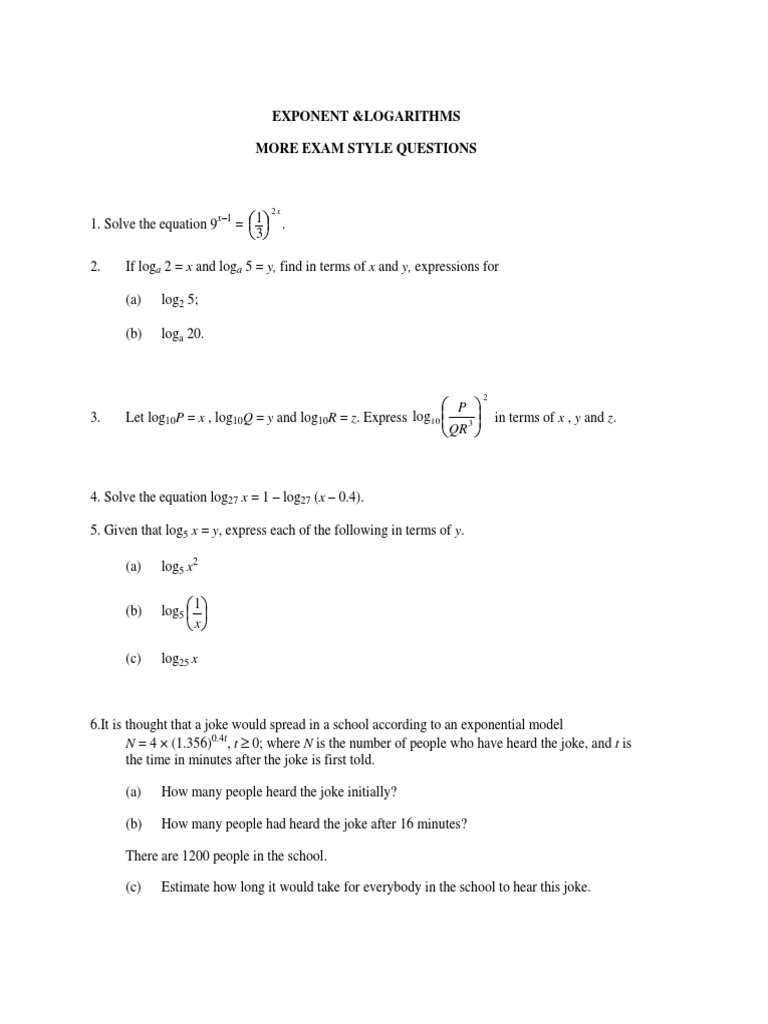 Exponents and Logs More Exam Questions | PDF | Complex Analysis ...