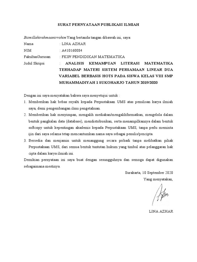 Surat Pernyataan Publikasi Ilmiah | PDF