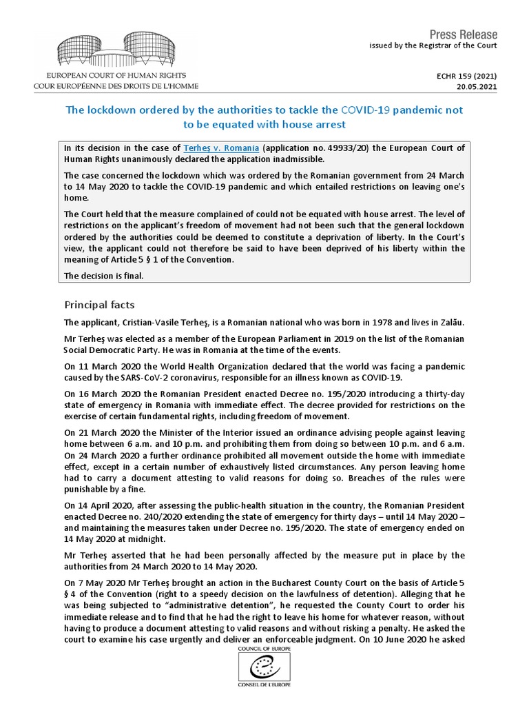 Decision Terhes v. Romania - Lockdown Ordered by The Authorities To ...