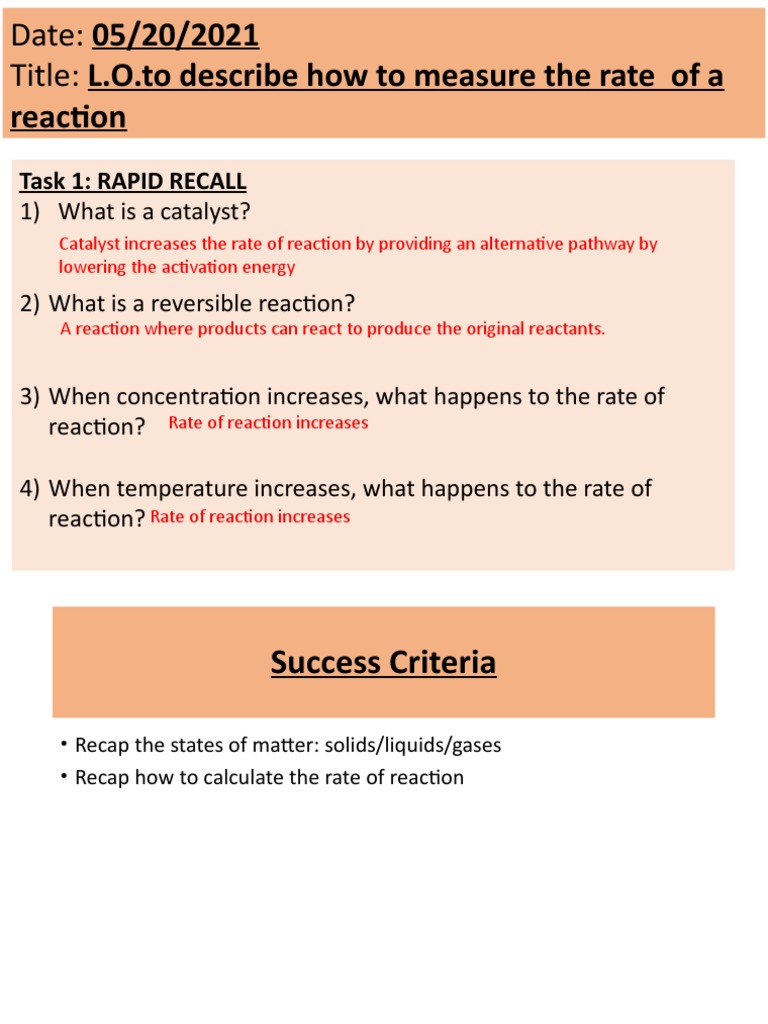 Lesson 3 Rate of Reaction | PDF | Reaction Rate | Chemical Reactions