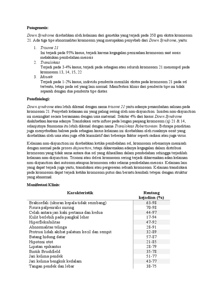 Patogenesis, Patofisiologi, Dan Manifestasi Klinis Down Syndrome | PDF