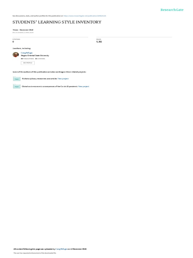 Students' Learning Style Inventory: December 2018 | PDF | Learning ...